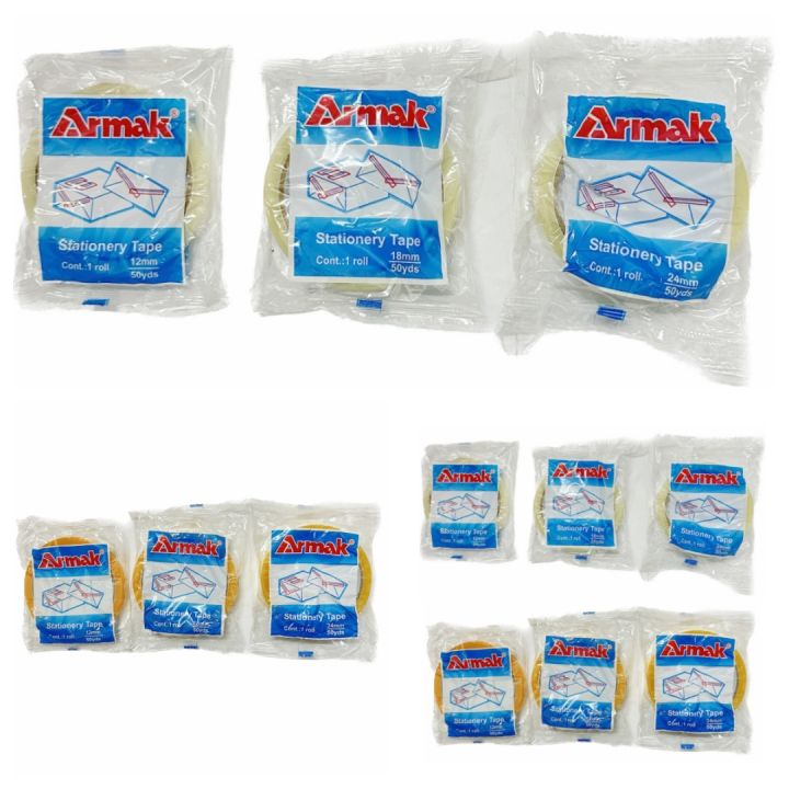 Armak Stationary Tape Clear & Yellow 12mm / 18mm / 24mm x50yds sold per ...