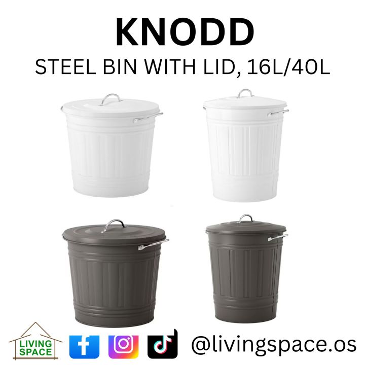 KNODD Metal Garbage Bin / Dusti Bin with lid, Metal Grey/White, Size ...