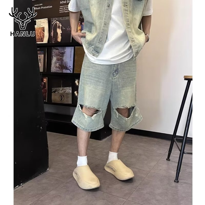 Hanlu เสื้อกั๊กเดนิมและชุดกางเกงขาสั้นวินเทจของผู้ชายเสื้อผ้าแนวสตรีทท ...