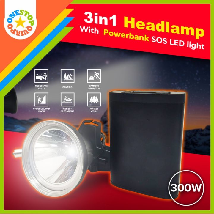 OSQ 3 in 1 Headlamp 300watts Camping Light with Powerbank SOS LED Light ...