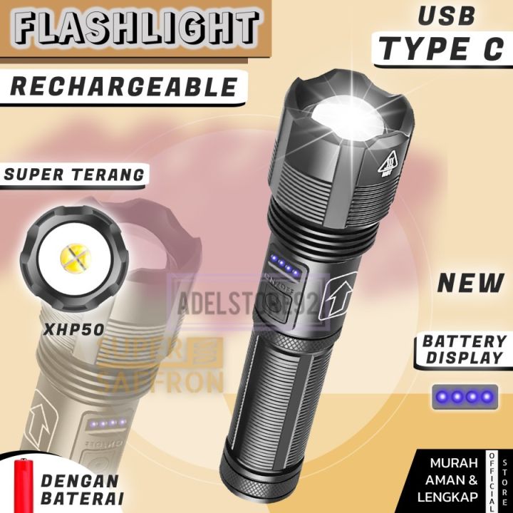 NEW Senter USB Super Terang Type C Brighty Flashlight XHP50 Tahan Air ...