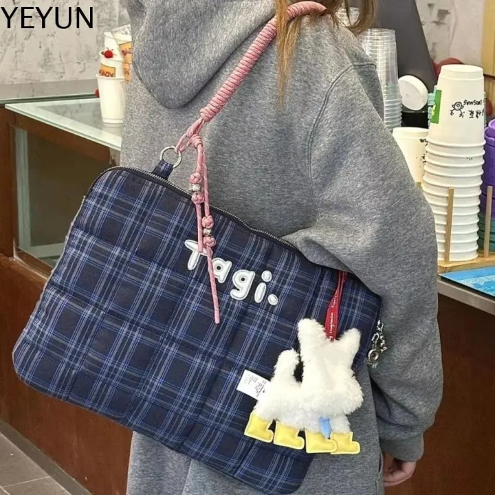 YEYUN ความจุขนาดใหญ่ กระเป๋าถือแล็ปท็อปลายสก็อตวินเทจ ป้องกันการตก ถือ ...