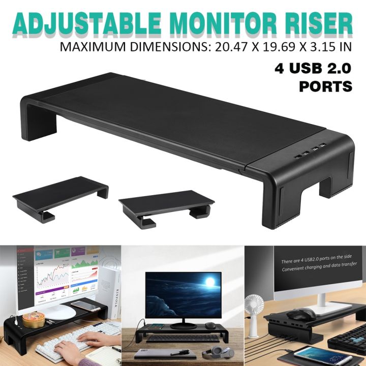Black 4 USB Multifunction Computer Monitor Riser Stand 2.0 Ports ...