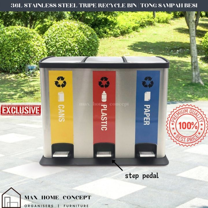 36L STAINLS STEEL STEP PEDAL DUSTBIN TONG MPAH KITCN BIN RECYCLING BIN ...