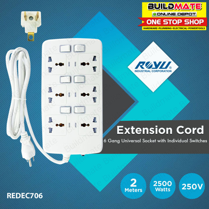 BUILDMATE Royu 6 GANG Extension Cord Universal Socket Power Strip with ...