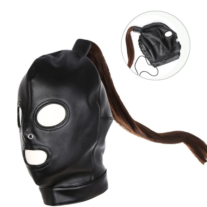 Unisex Latex Hood Mask Funny Men Women PU Leather Masks With Hair ...