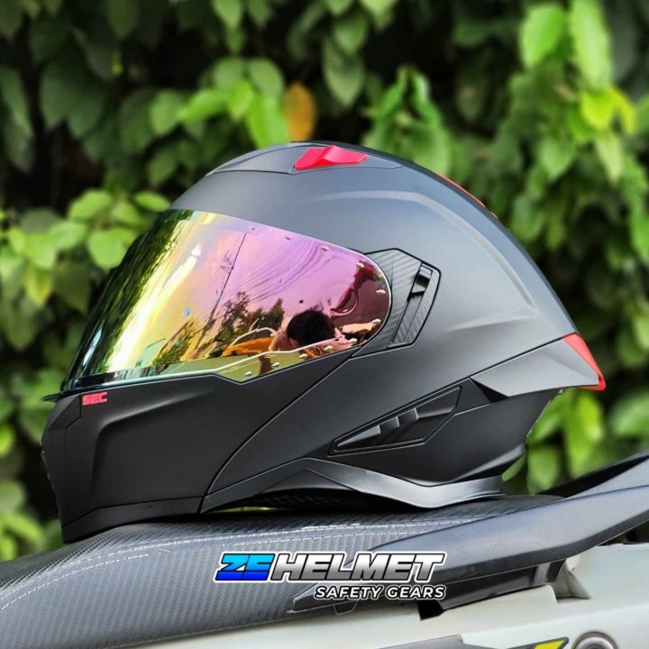 SEC Helmet Revive Plain (Matte Black/Red) Modular - Dual Visor (with ...