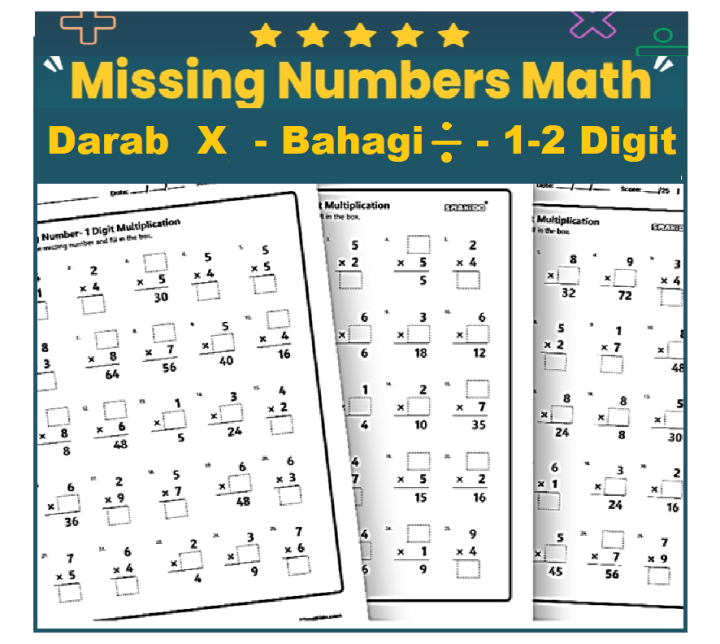 Missing Numbers Math Worksheets Multiply Division 1-2 Digits Operasi ...