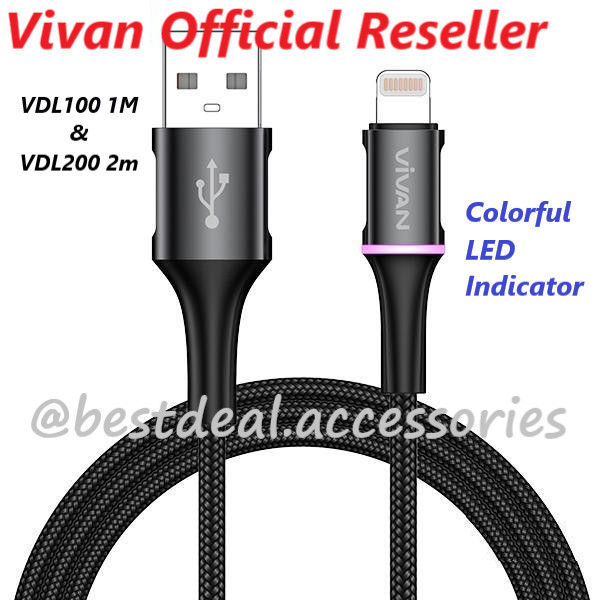 Vivan VDL100 1M / VDL200 2M 2.4A Lightning Data Cable LED Light iPhone ...