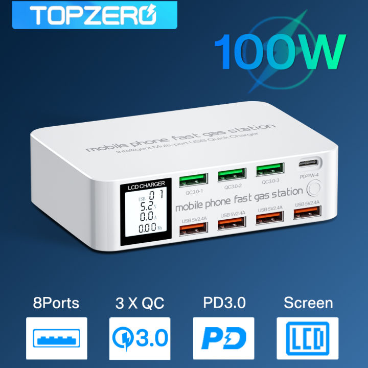 TOPZERO 100W แท่นชาร์ต USB แบบเร็วหลายพอร์ต3.0 Type C อะแดปเตอร์เบ้า ...