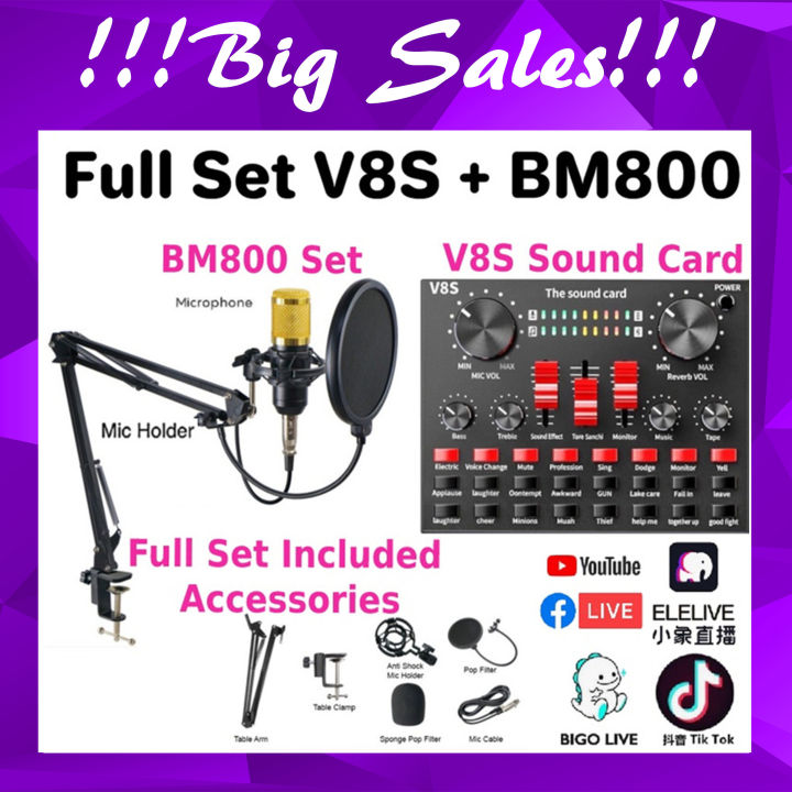 Ready Stock Full Set V8S Sound Card + BM800 Condenser Microphone Set Live Stream Live Broadcast ...