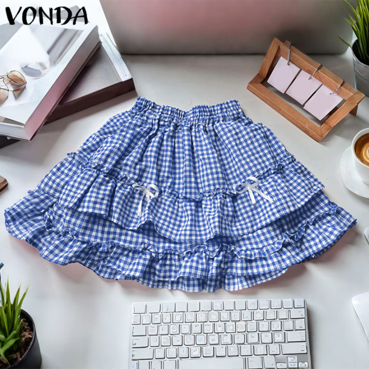 VONDA Korean Style Women Girlish Leisure Grid Printed Skirts Ruffled ...