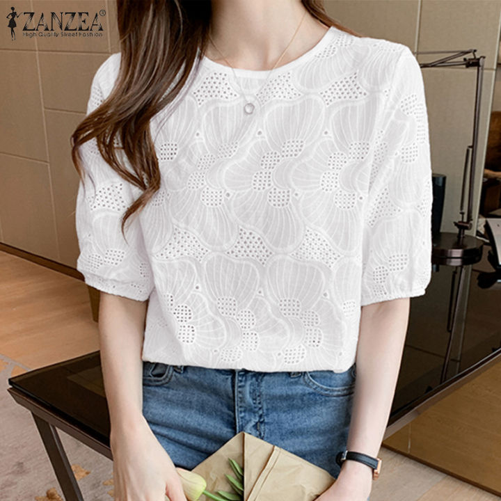 Zanzea Korean Style Womens Retro Cotton Short Sleeve O Neck Tops