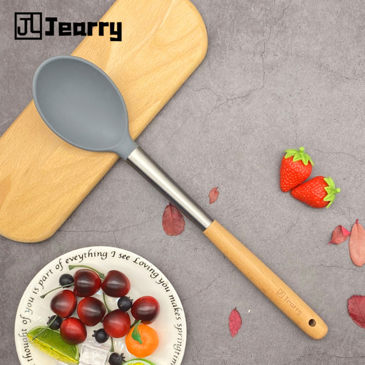 Jearry Stainless Steel Silicone Ladle Wooden Handle Heat Resistant Food ...