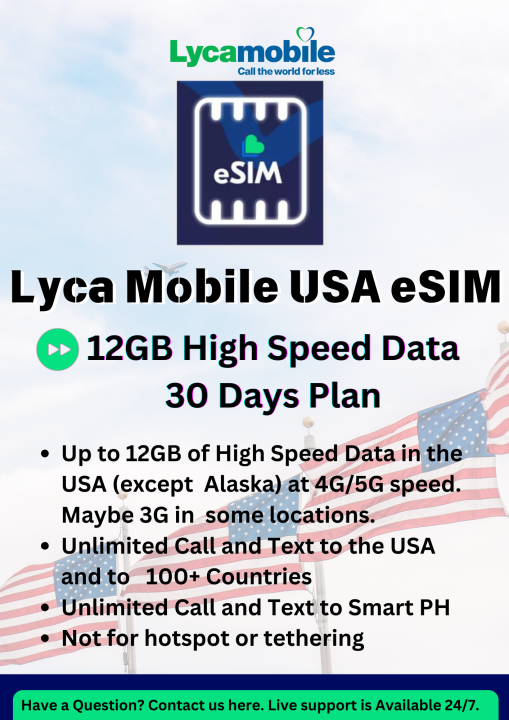 Lyca Mobile USA eSIM 12GB High Speed Data 30 Days Plan | Lazada PH