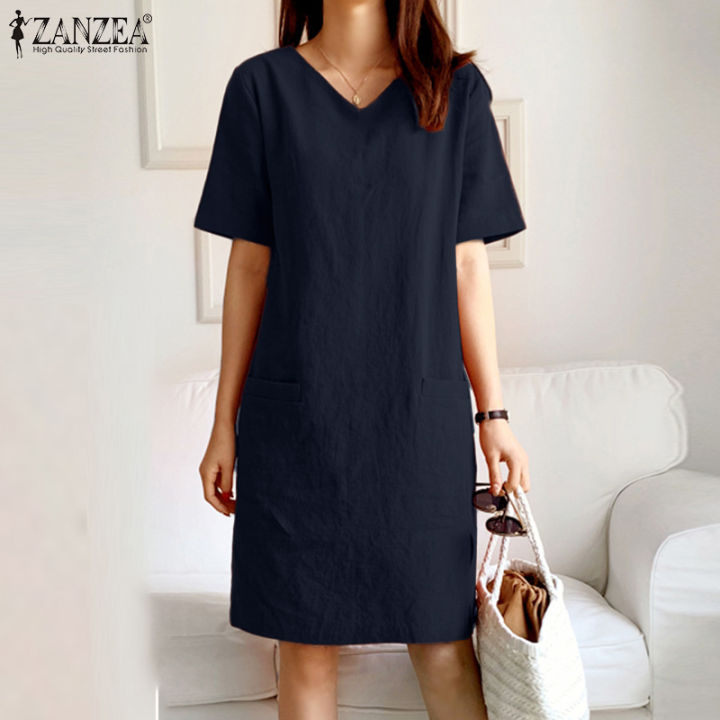 Zanzea Korean Style Womens Short Sleeve V Neck Shift Dress Cotton Slit