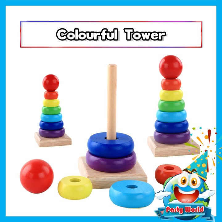🎉 Rainbow Tower Ring Building Wooden Blocks Kids Educational Rainbow ...