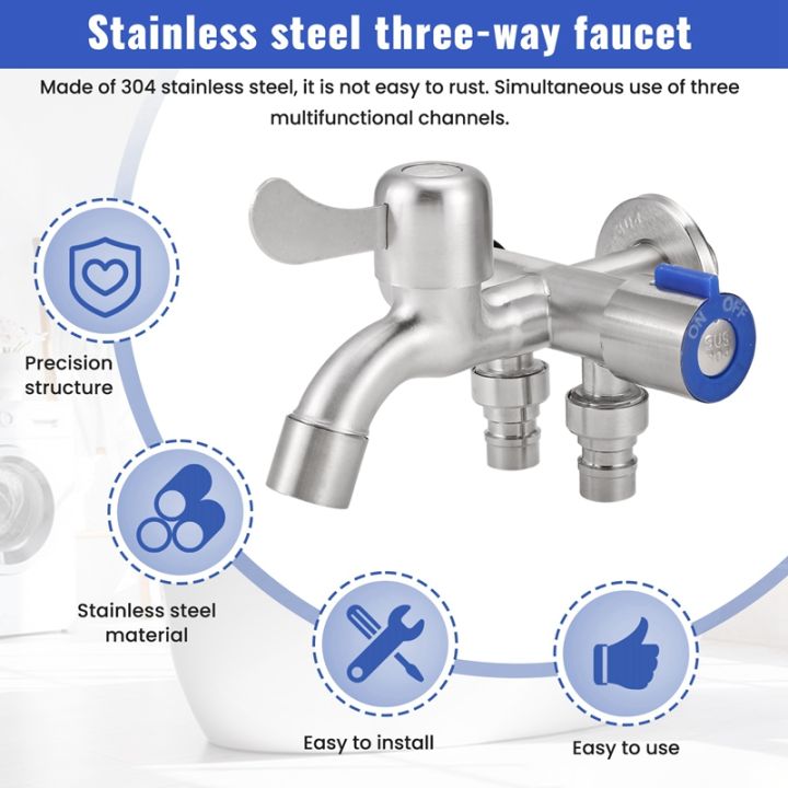 (TFAW) Stainless Steel Three Way Tap Sink Faucet Washing Machine 2 Way ...