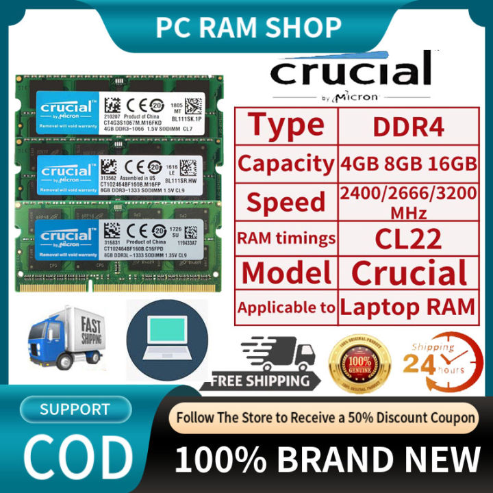 Crucial DDR4 RAM 8GB 4GB 16GB 2400MHZ 2666MHZ 3200MHZ PC4-19200/21300/25600 SODIMM 1.2V 260pin ...