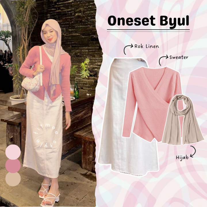 Byul Outfit Set Wanita 3in1 Simple ( Sweater Rajut Silang + Bawahan Rok ...