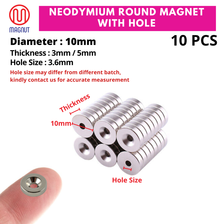10 pcs 10mm * 3mm/5mm - Neodymium Round Magnet with Hole | Lazada