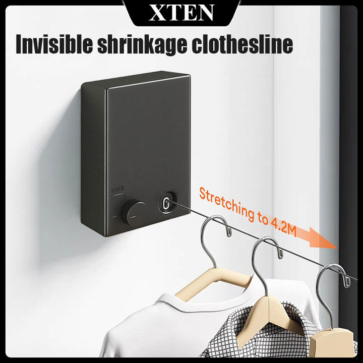 XTEN 4.2M Telescopic Invisible Wall Hanging Clothes Line Drying Racks ...