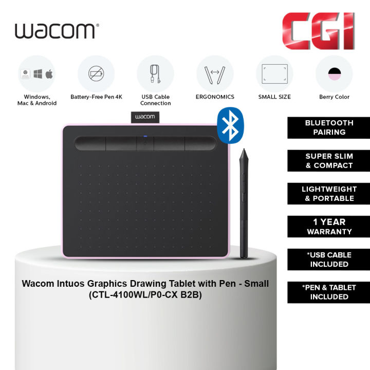 Wacom CTL-4100WL/P0-CX Intuos Small Pen Tablet with Bluetooth - Berry ...