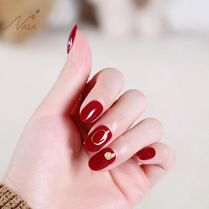 NALA 24Pcs Wine Red Festive Fake Nails With Glue Medium Length Faux ...