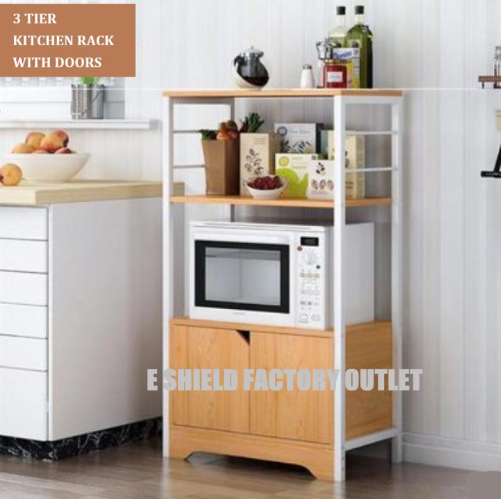 3 Tier Multi-Purpose Kitchen Rack with Doors Microwave Rack Oven Rack ...