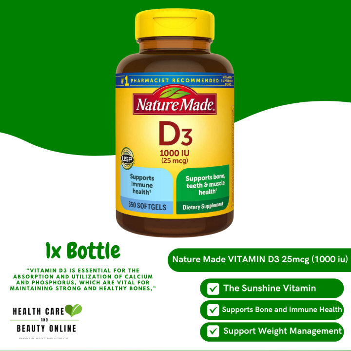 Nature Made VITAMIN D3 25mcg (1000 iu) 650softgels ( Free 1 sachet ...