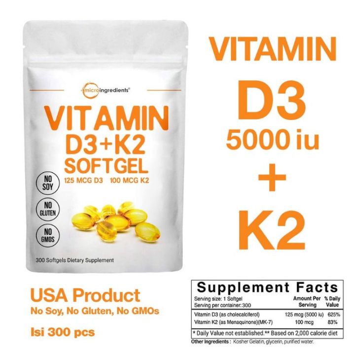 MicroIngredients Vitamin D3 5000IU K2 100mcg isi 300 Softgel | Micro Ingredients Vitamin D3 + K2 ...