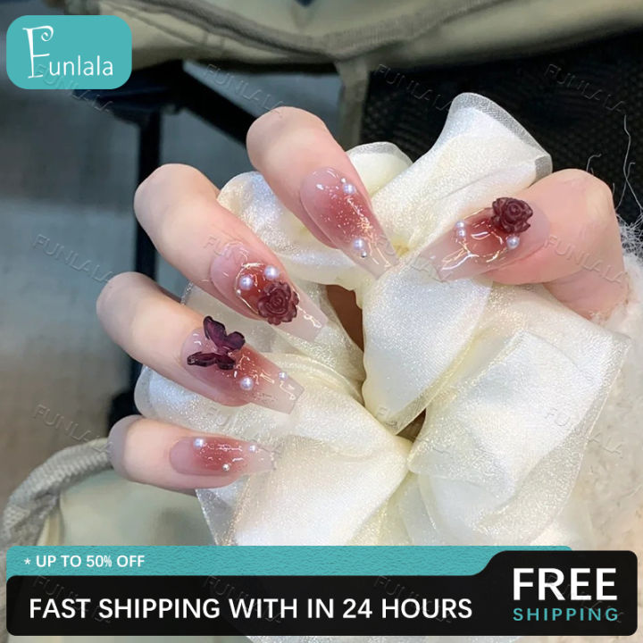 FUNLALA Handmade Artificial Nail Spice Girl Wine Red Camellia Butterfly ...
