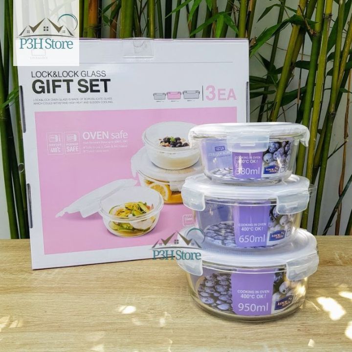 Set 3 hộp thủy tinh chịu nhiệt Lock&Lock Ovenglass hình tròn 3 dung tích 950ml,650ml,380ml ...