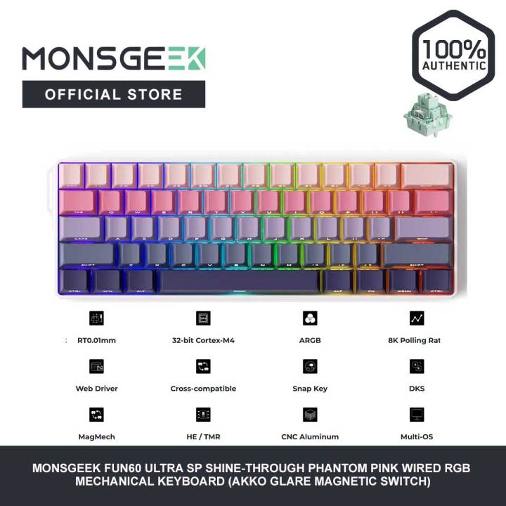 MonsGeek FUN60 Ultra SP Shine-Through Phantom Pink Wired RGB Mechanical ...
