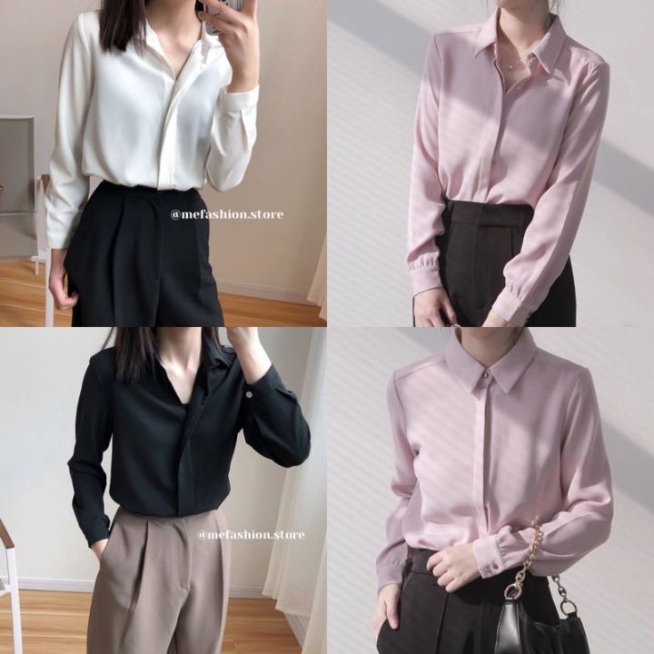 SS.010‼️-เสื้อเชิ้ตทำงานแขนยาวคอปกสาปซ่อนกระดุม | Lazada.co.th