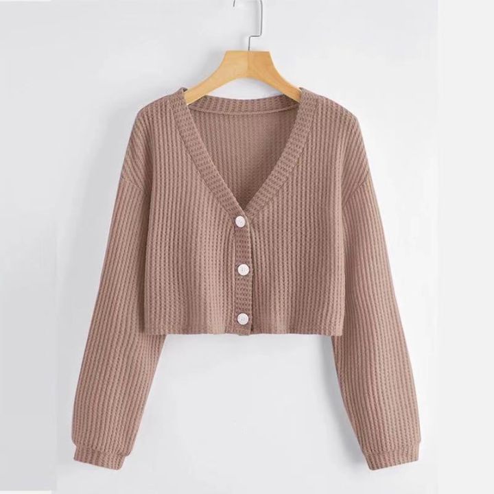 Waffle Knitted Drop Shoulder Top Cardigan Button Front Crop Top ...