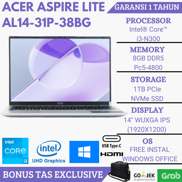 LAPTOP ACER ASPIRE Lite AL14-31P-38BG CORE i3 RAM 8GB SSD 1TB LAYAR 14" WUXGA WINDOWS 11 ...