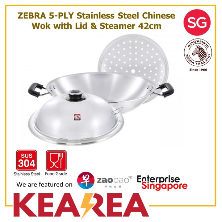 ZEBRA 5-PLY Stainless Steel Chinese Wok 38/42cm with Lid & Steamer ...