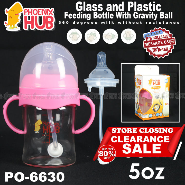 Phoenix Hub PO-6630 5oz Baby Feeding Bottle Glass Wide Neck with Handle ...