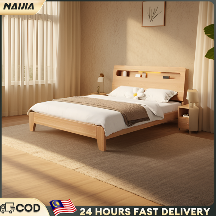 NAIJIA Solid Wood Bed Frame With Headboard Katil Queen Katil Kayu Katil ...