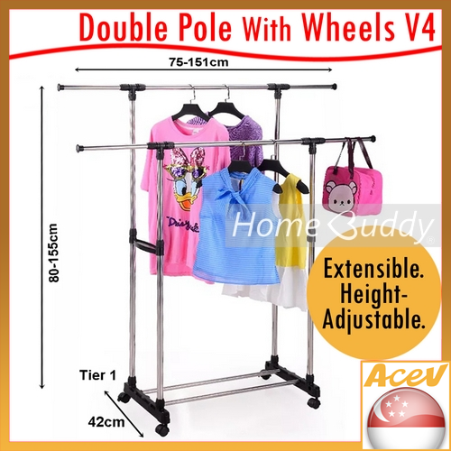 🇸🇬 🔥S$22🔥 Garment Rack Double-Pole With Wheels V4. 1Tier or 2Tier ...