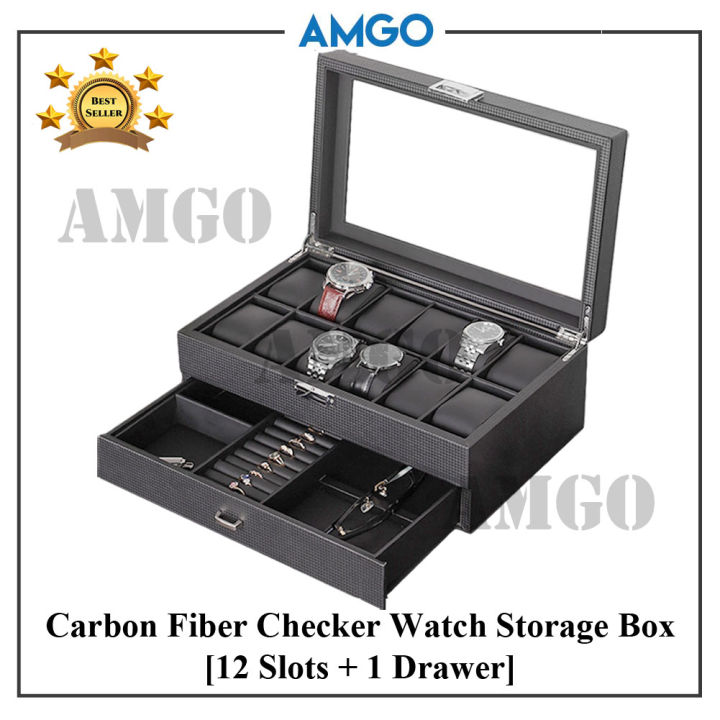 AMGO Premium Quality [12 Slots + 1 Drawer] Watch Case Carbon Fiber ...