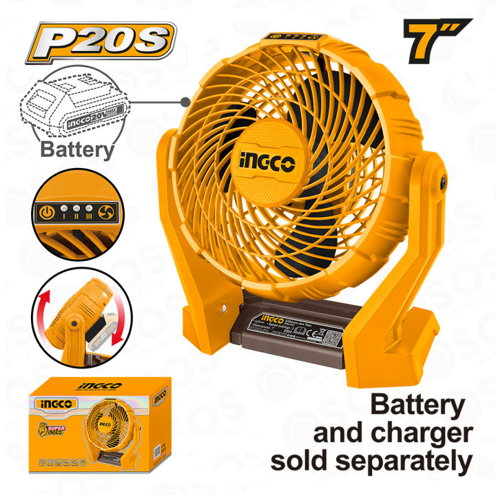 INGCO by OSOS 7inches/3-Speed Cordless Lithium-Ion Fan/Electric Fan 20V ...