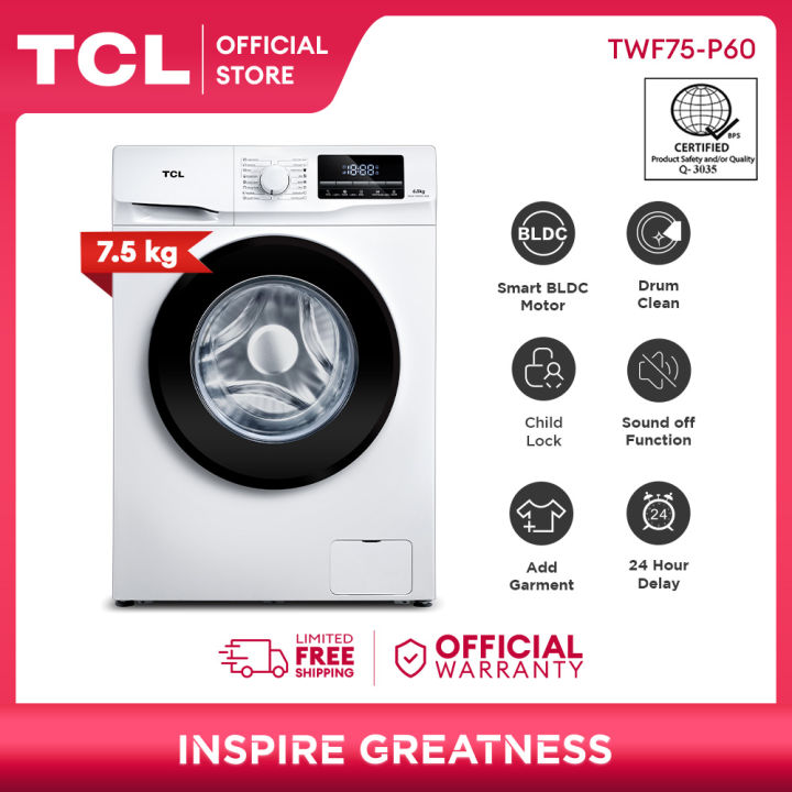 TCL 7.5KG Front Load Inverter Washing Machine - TWF75-P60 (HydroActive Inverter Technology, 12 ...