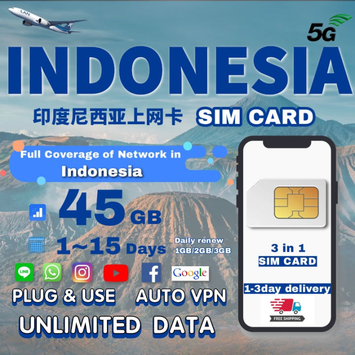 Indonesia sim card Unlimited 4G/5G Data 1-15 days Daily 500MB/1GB/3GB High speed Indonesia SIM ...