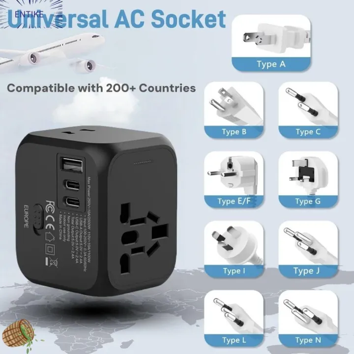 ENTIKE EU/UK/US/AU Universal Travel Plug Adapter Durable 2 Type C ...