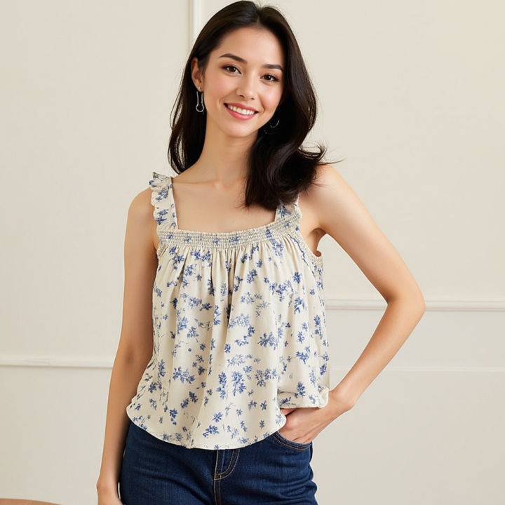 BRANCHÉ ผู้หญิงถังฤดูร้อนหวานสไตล์จีนดอกไม้พิมพ์แขนกุดคอสแควร์ Stringy Selvedge Cropped Ruffle ...