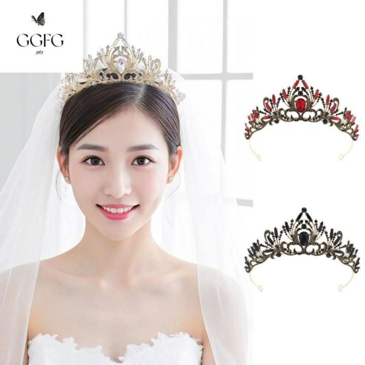 GGFG วินเทจ มงกุฎบาโรก บรอนซ์โบราณ สง่างาม มงกุฎเจ้าหญิงประดับคริสตัล ...