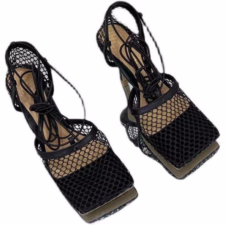 2021 New Net Mesh High heel Sandals Women square toe Ankle Strap ...