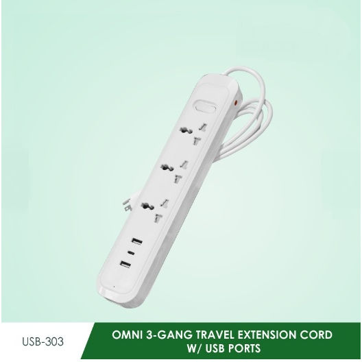 Omni Travel Power Extension Cord 3-Gang with 2 USB Port + 1 Type C USB ...